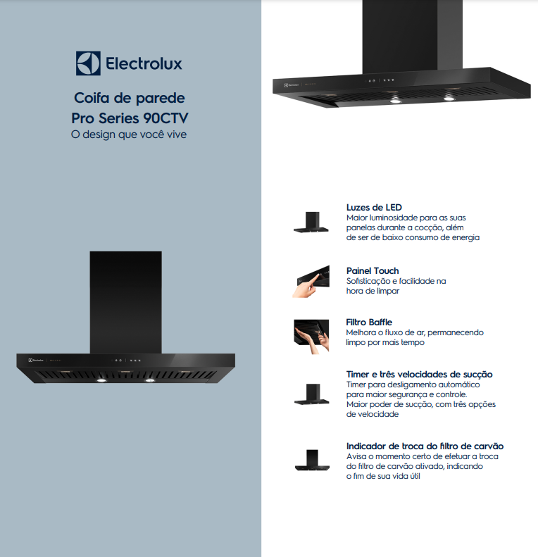 Coifa de Parede Electrolux 90cm Preta Pro Series 90CTV com Painel Touch ...